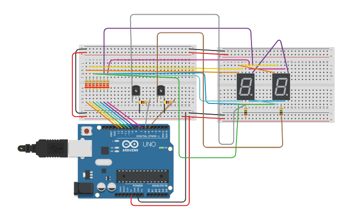 Circuit design Doble 7 segmentos con transistores - Tinkercad