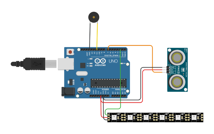 Circuit design sensor buzzer/led | Tinkercad
