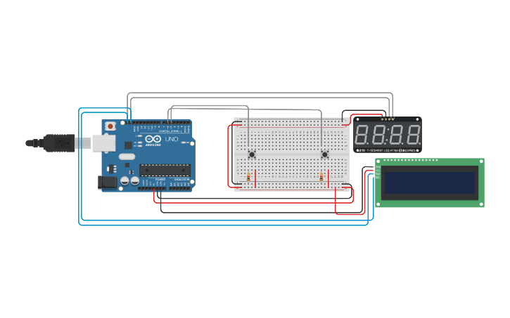 Circuit design Timer with LCD and 7 segment display - Tinkercad