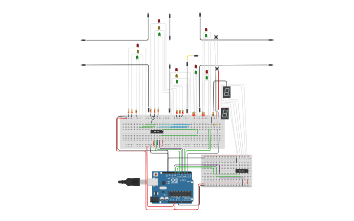 Circuit design Trabalho Semáforo com contador 7seg - Tinkercad