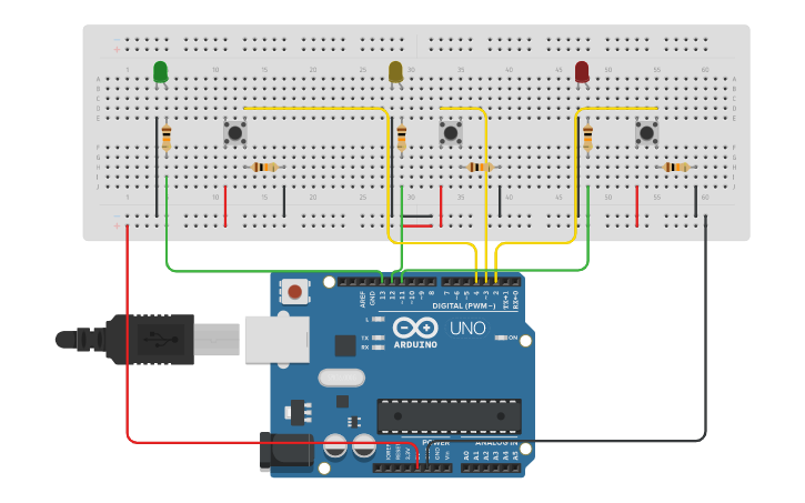 Circuit Design Projeto 1 3 Led´s Com 3 Botões De Pressão Tinkercad