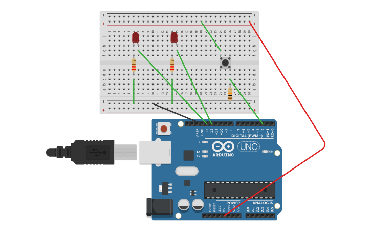 Circuit design Un pulsador para 2 LEDs | Tinkercad