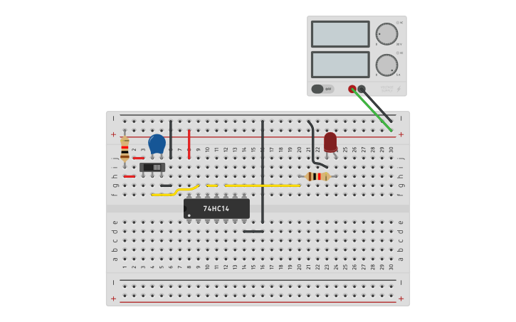 Circuit design Debounce com 7414 | Tinkercad