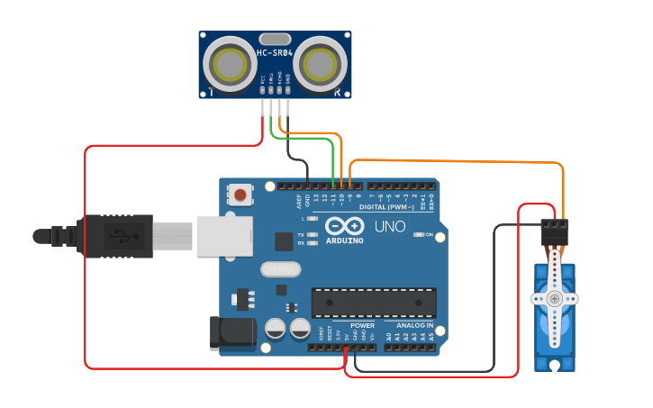 Circuit design ultrasonic servo | Tinkercad