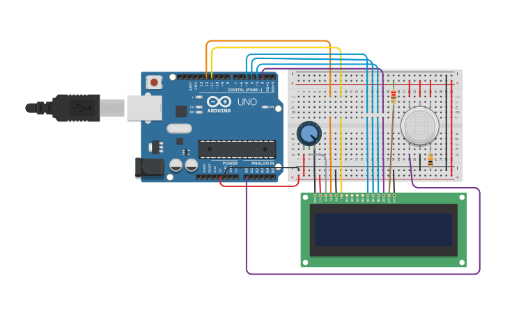 Circuit design Sensor Gas + LCD (kualitas Udara) - Tinkercad