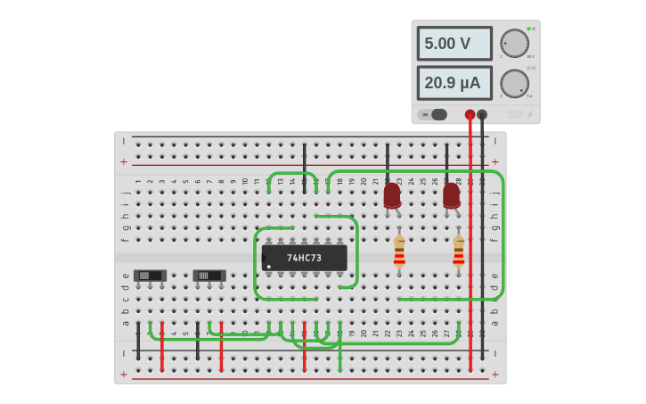 Circuit design Dupli Lab 8.3 asynchronous 2-bit up counter | Tinkercad