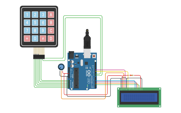 Circuit design Desafio 10 - Rafael Granja da Costa - Teclado e Display LCD - Tinkercad