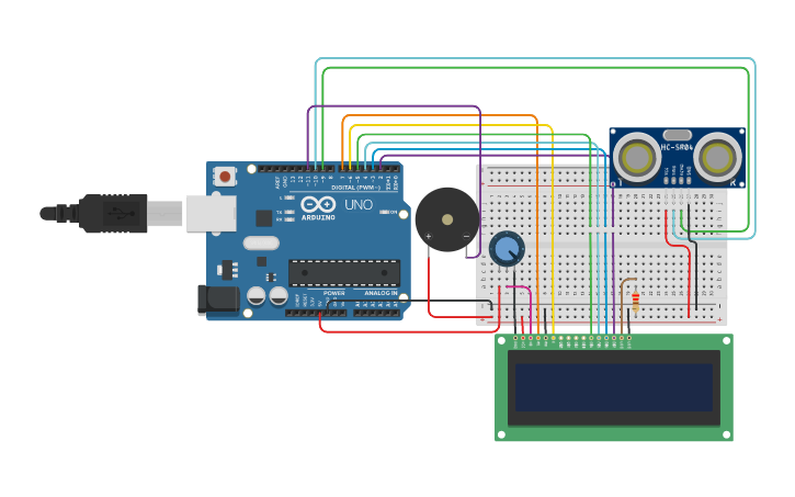 Circuit design LCD 16 x 2 and Ultrasonic sensor - Tinkercad Circuit design LCD 16 x 2 and Ultrasonic sensor - Tinkercad