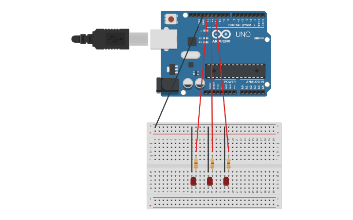 Circuit design 2^ circuito - Blink 3 LED - Tinkercad