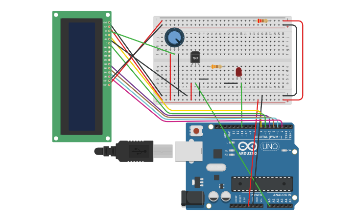 Circuit design termometro tmp36 - Tinkercad