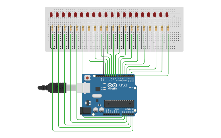 Circuit design For Loop blinking - Tinkercad