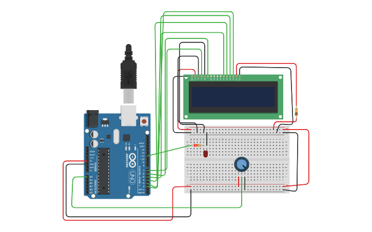 Circuit design 가변저항을 이용해서 LED점등값을 LCD에 출력 - Tinkercad