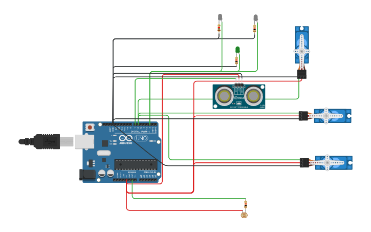 Circuit design combination of ldr and us - Tinkercad