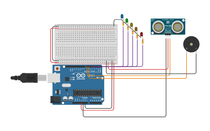 Circuit design Sensor ultrasónico con luces LED y Parlante Piezo ...