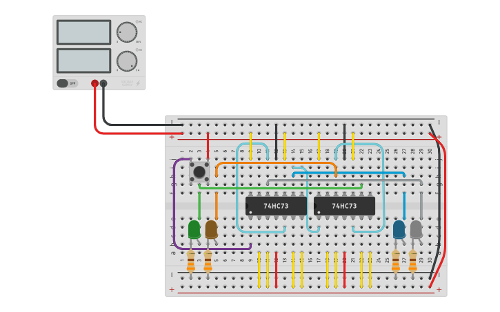Circuit design 4 bit counter with dual j-k flip flops - Tinkercad