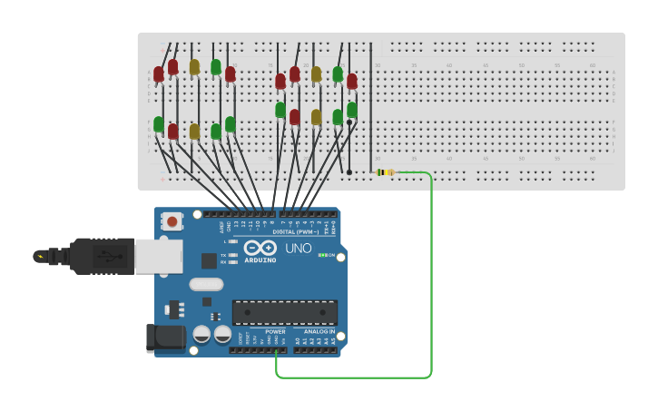 Circuit design 4 semaforos con peaton - Tinkercad