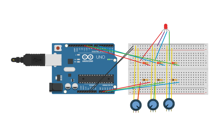 Circuit Design Rgb Led With 3 Potentiometers Tinkercad