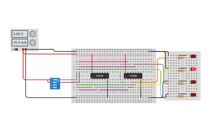 Circuit design Decodificador de 4 bits - Tinkercad