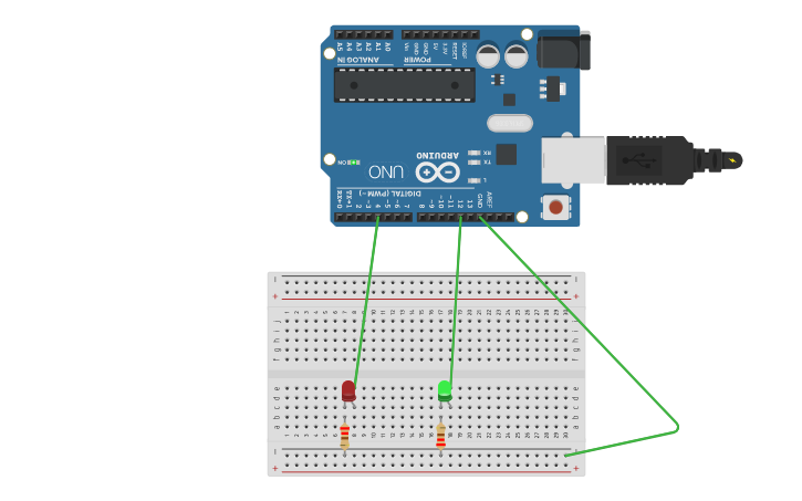 Circuit design semaforo vehicular con 2 leds (taller 2 ) | Tinkercad