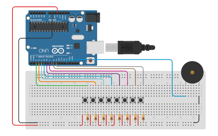 Circuit design Copy of Arduino Piano with Buzzer | Tinkercad