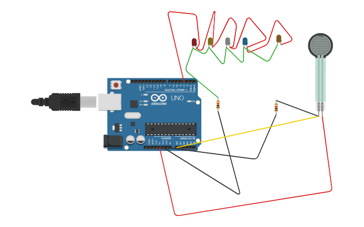 Circuit design Give strength level (multiple led light) using force sensor - Tinkercad