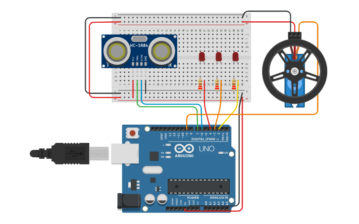 Circuit design TEC Ultrasonic Sensor (HC-SR04) and C Servo - Tinkercad