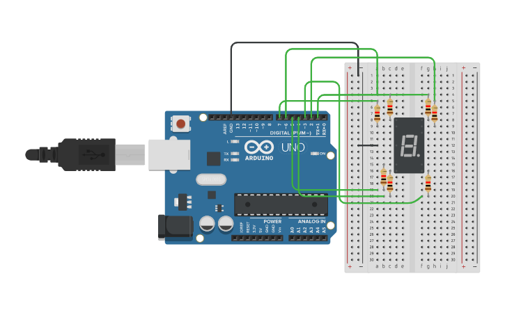 Circuit design 7 segment LED - Tinkercad