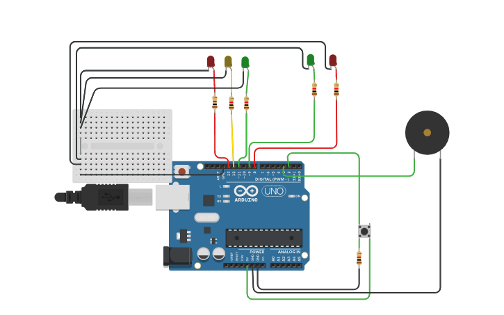 Circuit design Semáforo para carros e pedestres - Tinkercad Circuit design Semáforo para carros e pedestres - Tinkercad