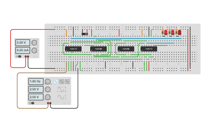 Circuit design 3 bit asynchronous up/down counter - Tinkercad Circuit design 3 bit asynchronous up/down counter - Tinkercad
