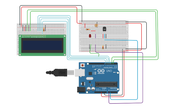 Circuit design lcd , ldr and temp sensor - Tinkercad