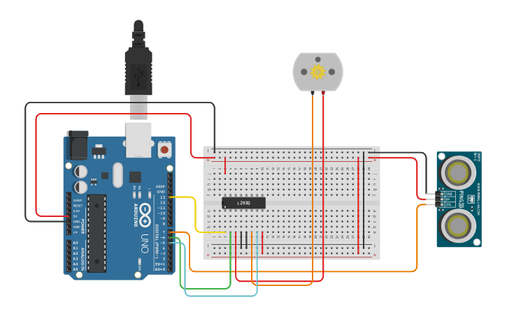 Circuit design Ultra Sonic Sensor Controlling a Motor | Tinkercad