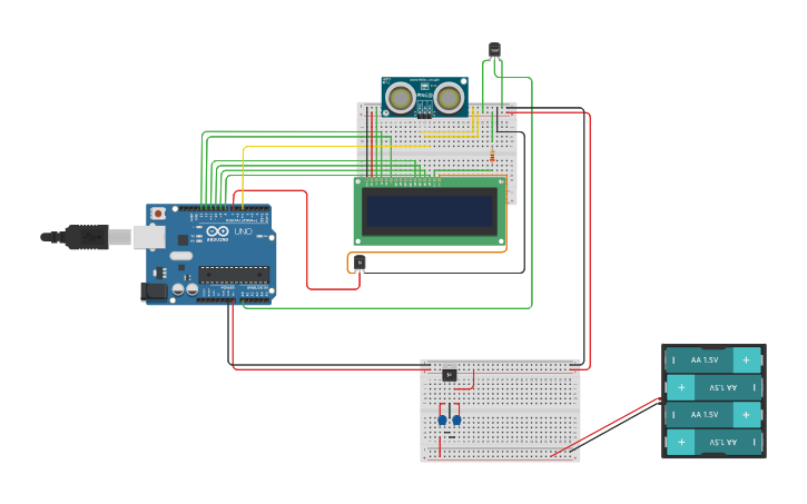 Circuit design Copy of I2C 2xUNO Temp+LCD with HandDetection - Tinkercad