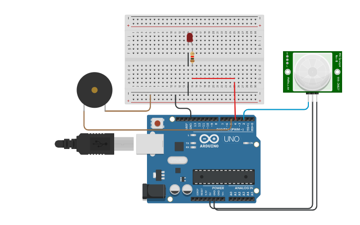 Circuit design Health Monitor System using PIR Sensor - Tinkercad