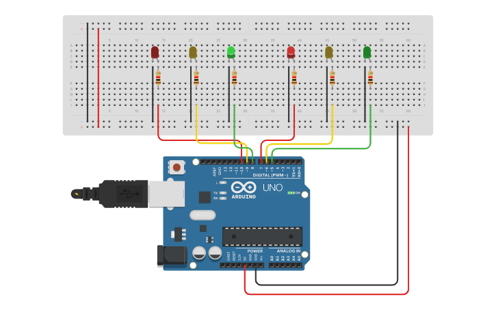 Circuit design Semáforo de Dos Calles en Perpendicular - Tinkercad