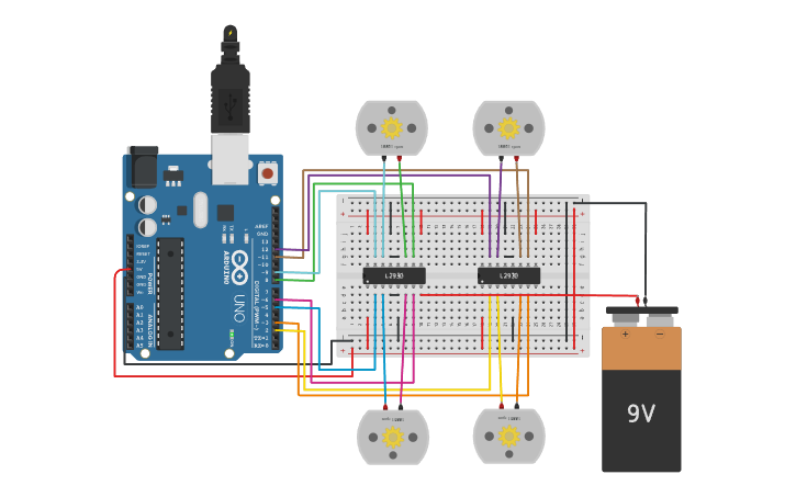 Circuit design (4 DC motors) - Tinkercad