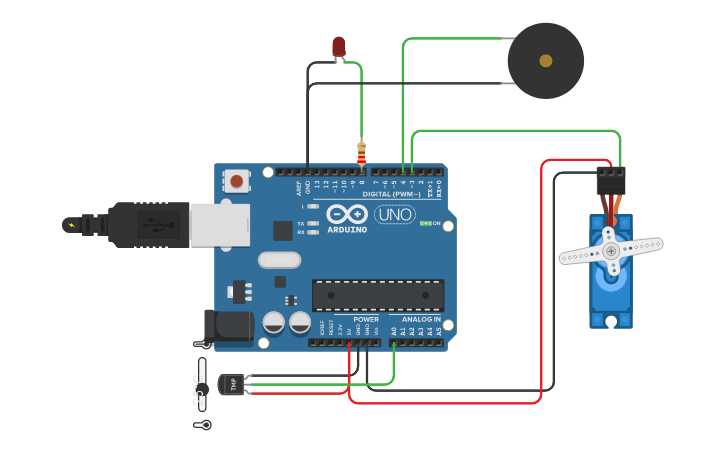 Circuit design Servo Motor with LED and Buzzer by TMP - Tinkercad