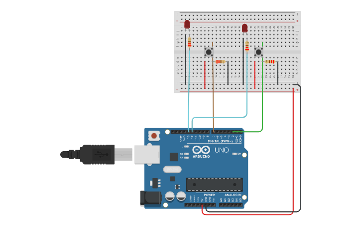 Circuit design led comandati da due pulsanti | Tinkercad