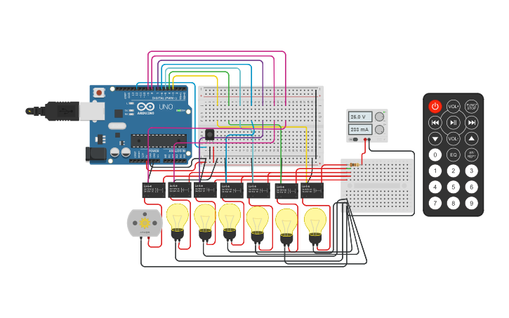 Circuit design IR Remote Toggles 6 LEDs And DC motor Using Relay ...
