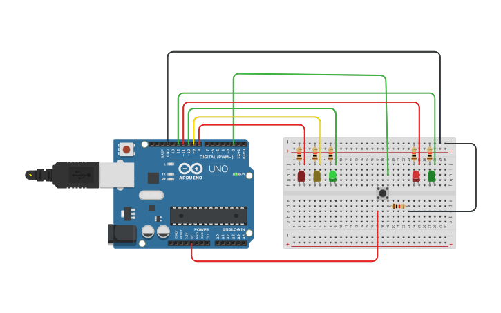 Circuit design Semáforo com pedestres | Tinkercad