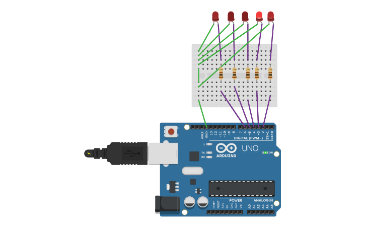 Circuit design Project #2 # 3 Creating a Blinking LED Wave - Tinkercad
