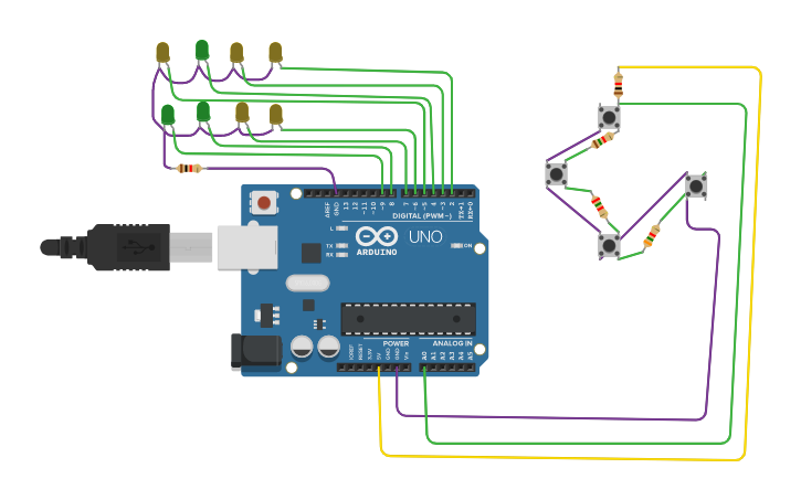 Circuit Design 4 Pulsadores 8 Leds Tinkercad