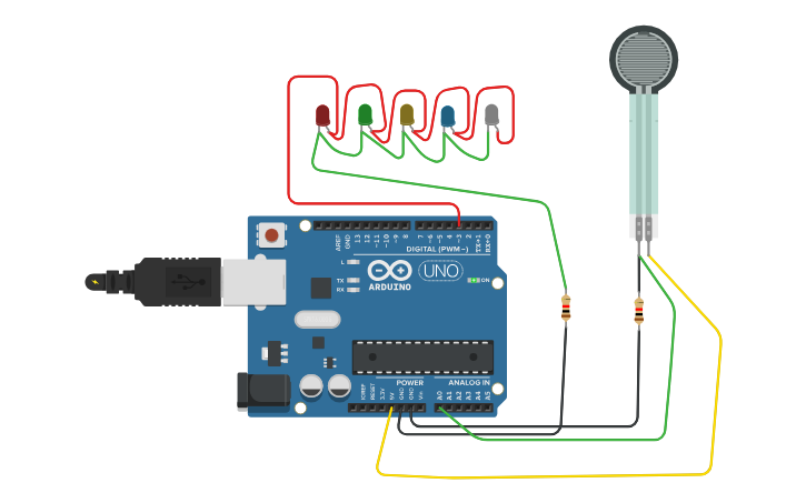 Circuit Design Give Strength Level Multiple Led Light Using Force Sensor Tinkercad