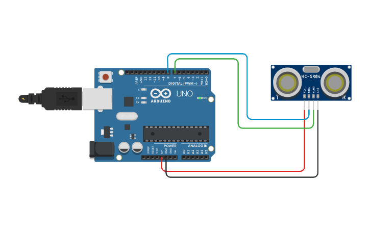 Circuit design Sensor de distancia ultrasónico - Tinkercad