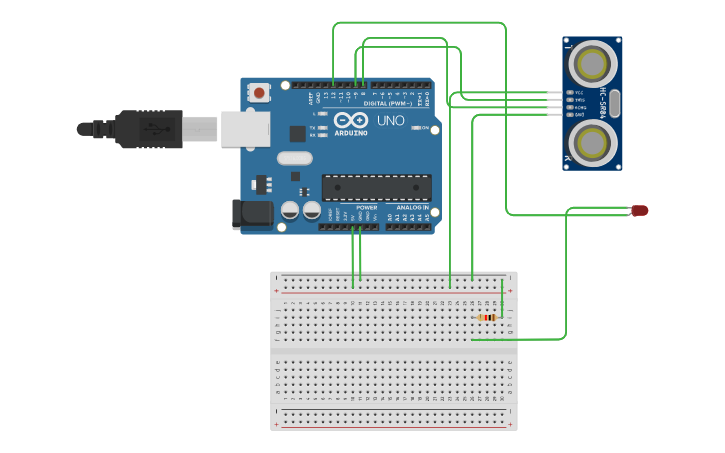 Circuit design ultrasonic + LED | Tinkercad