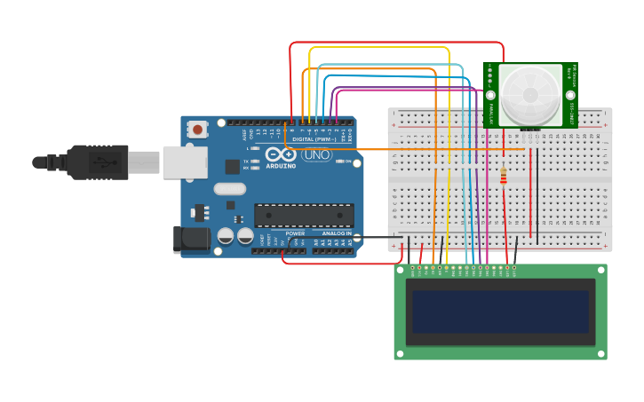 Circuit design LCD interfacing with PIR sensor | Tinkercad