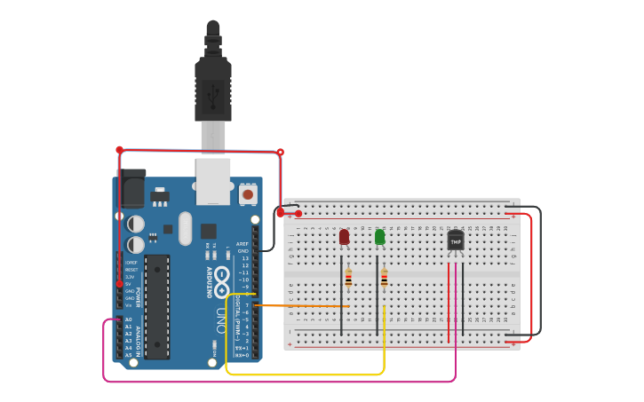 Circuit design Praktek Robotika 4 - Sensor Analog Suhu | Tinkercad