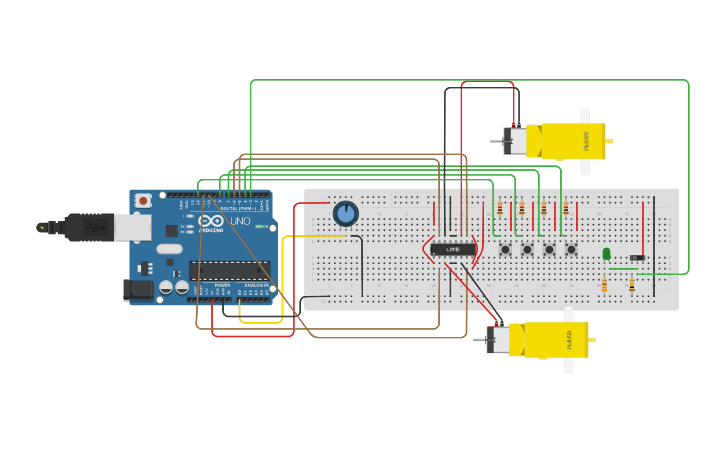 Circuit design Control de motores modo aleatorio | Tinkercad Circuit design Control de motores modo aleatorio | Tinkercad