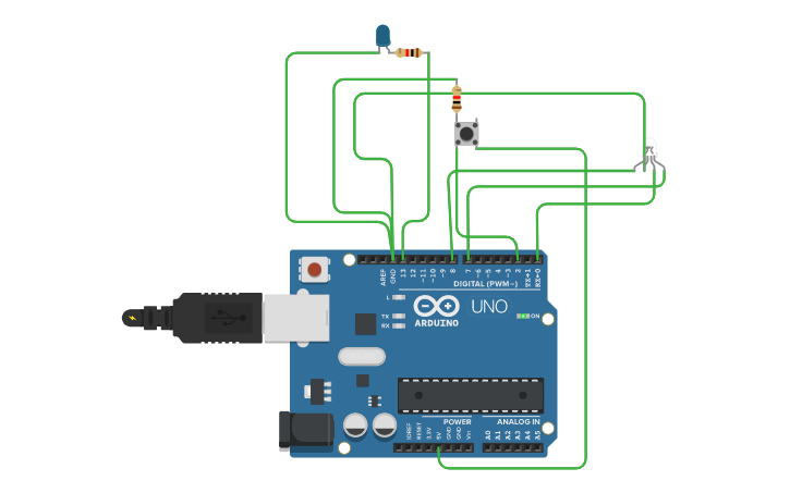 Circuit design PUSH BUTTON PRESS TURN LED ON OFF - Tinkercad