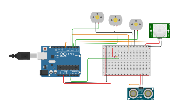 Circuit Design Three Sensors And Tree Actuators By Using Arduino