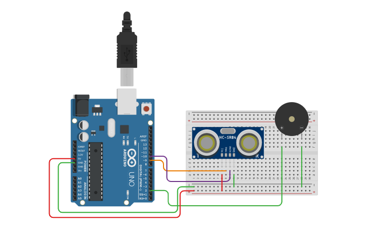 Circuit design PR-10 Interfacing Ultrasonic Sensor - Tinkercad Circuit design PR-10 Interfacing Ultrasonic Sensor - Tinkercad